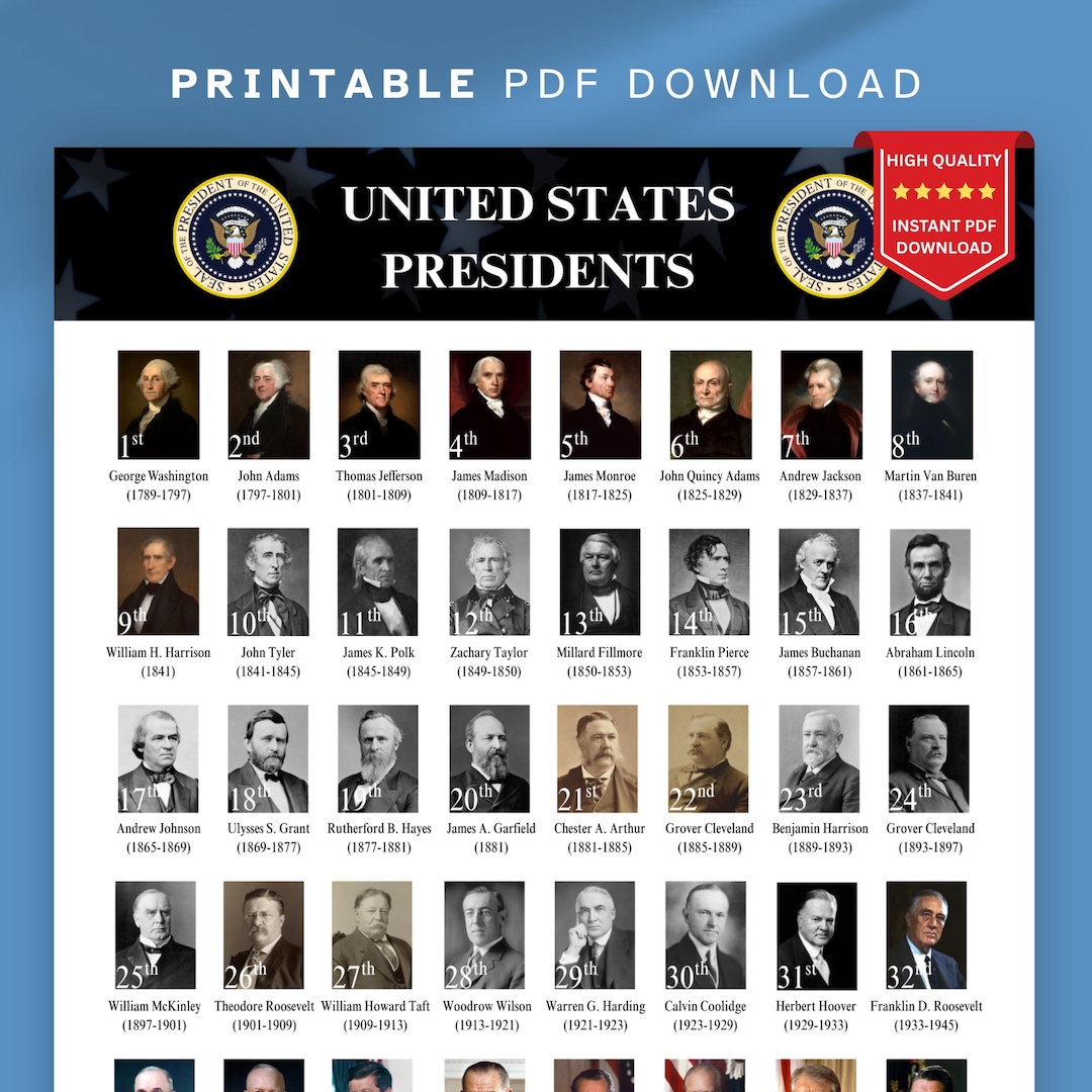 United States Presidents Chart Printable PDF – Instant Digital Download ...