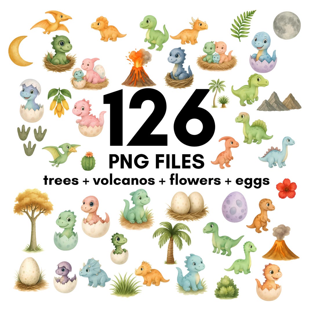 Watercolor Dinosaur Clipart Bundle: 120+ Prehistoric Pngs (commercial ...
