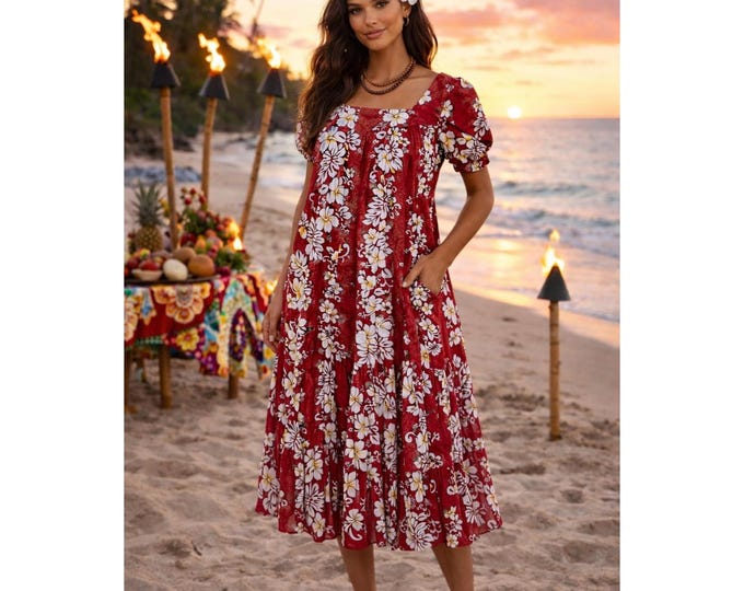 Winnie Fashion Dress Womens XL Red Floral Hawaiian Island Resort Muumuu ...