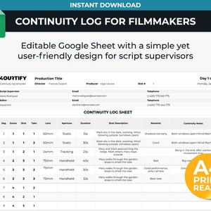 Continuity Log Sheet Template for Filmmakers | Google Sheets - Etsy