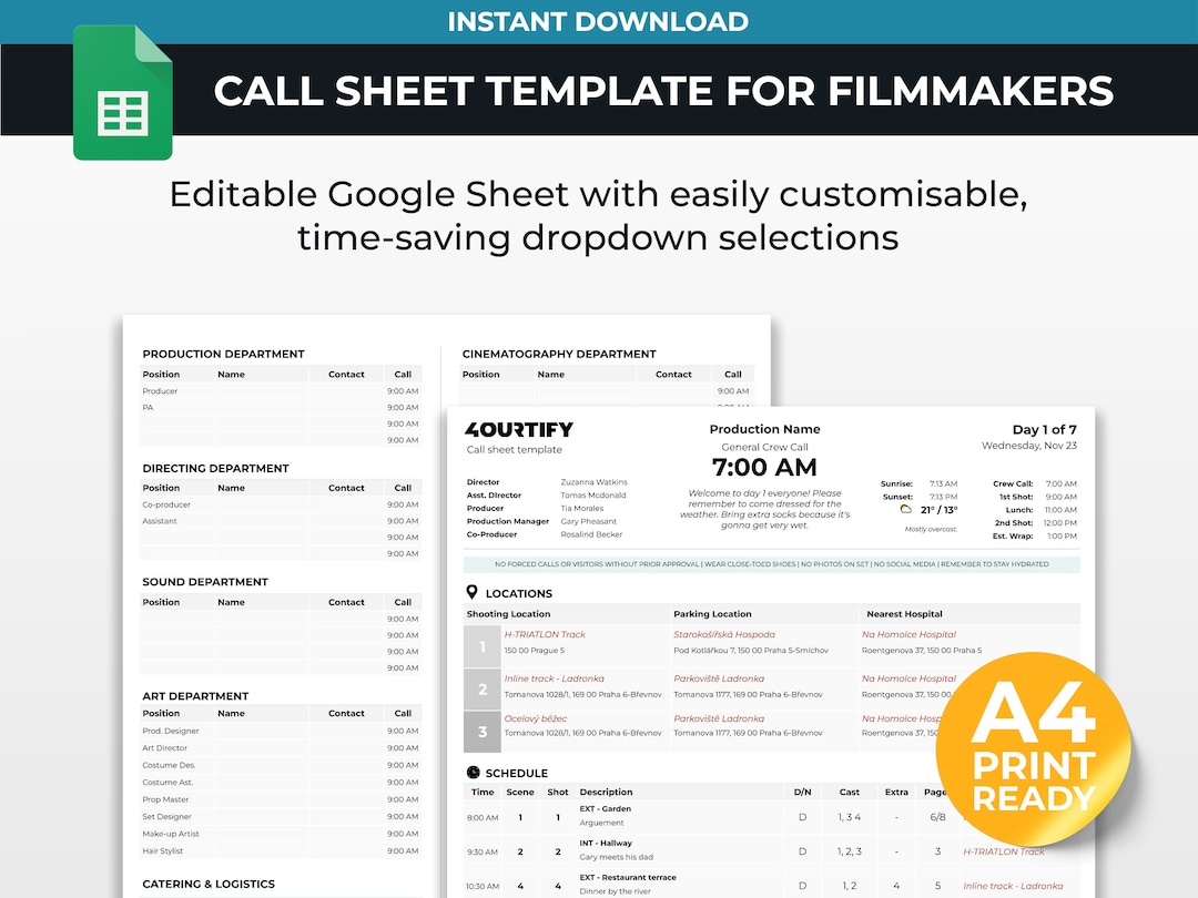 Call Sheet Template for Filmmakers | Google Sheets - Etsy