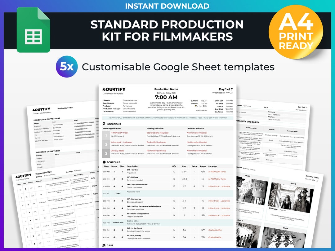 Standard Production Template Kit for Filmmakers | Google Sheets - Etsy