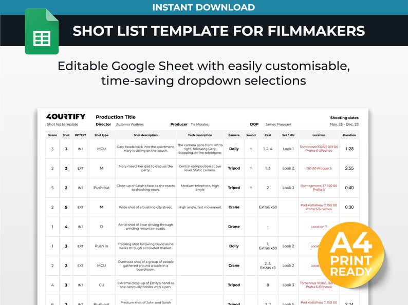 Shot List Template for Filmmakers | Google Sheets - Etsy