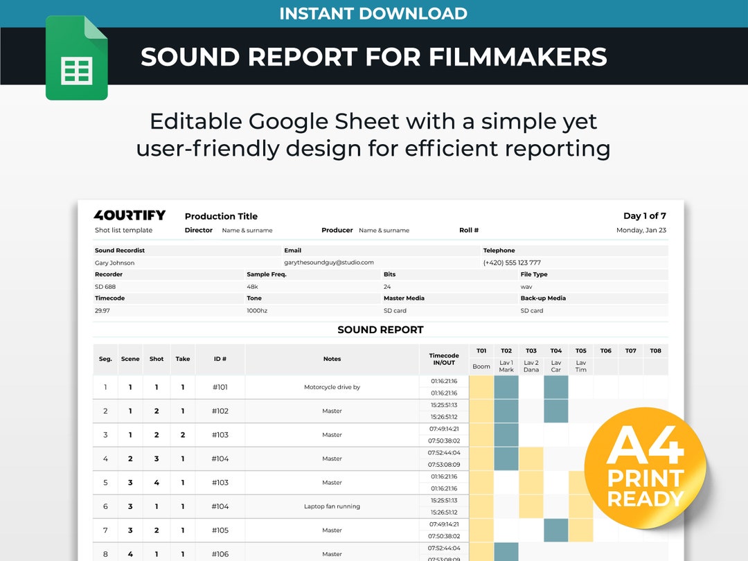 Sound Report Template for Filmmakers | Google Sheets - Etsy
