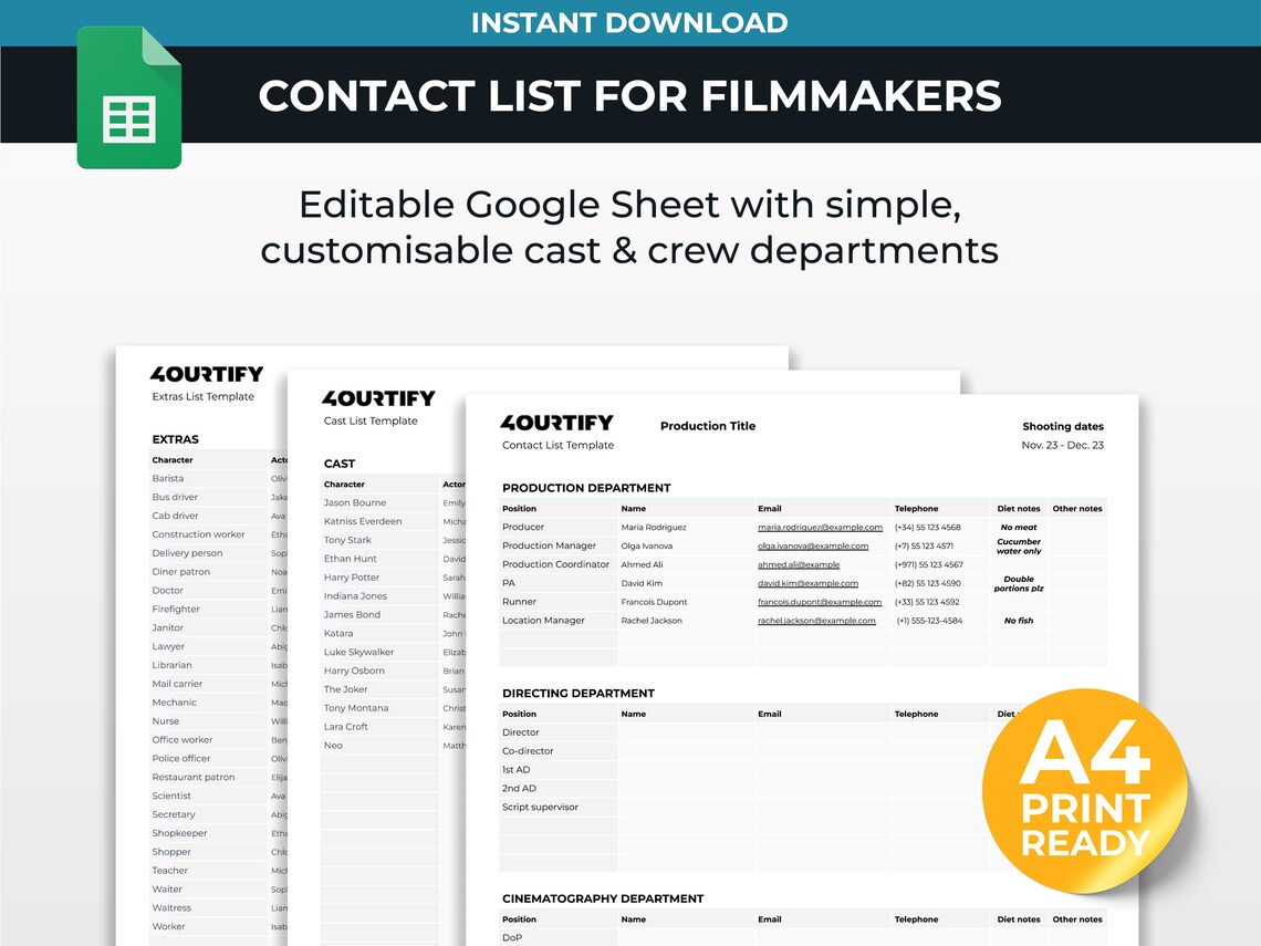 Contact (cast & Crew) List Template for Filmmakers | Google Sheets - Etsy