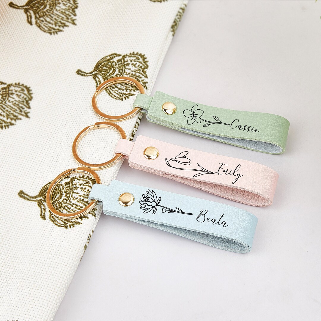 Personalized Birth Flower Leather Keychain,engraved Name Keyring ...