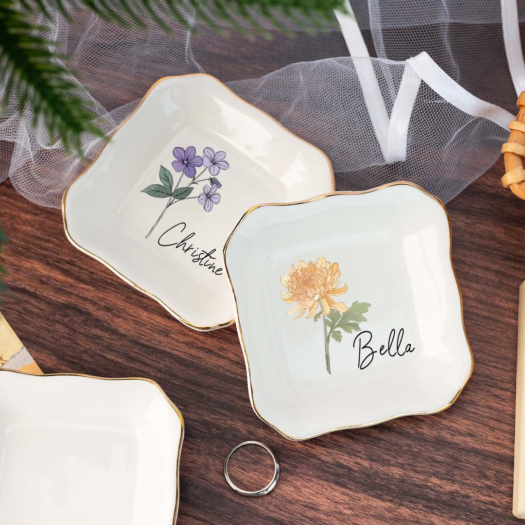 Personalized Birth Flower Trinket Dish,wedding Bridesmaid Gift for Her ...