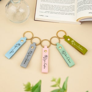 Personalized Birth Flower Keychain,custom Name Leather Keyring,birthday ...