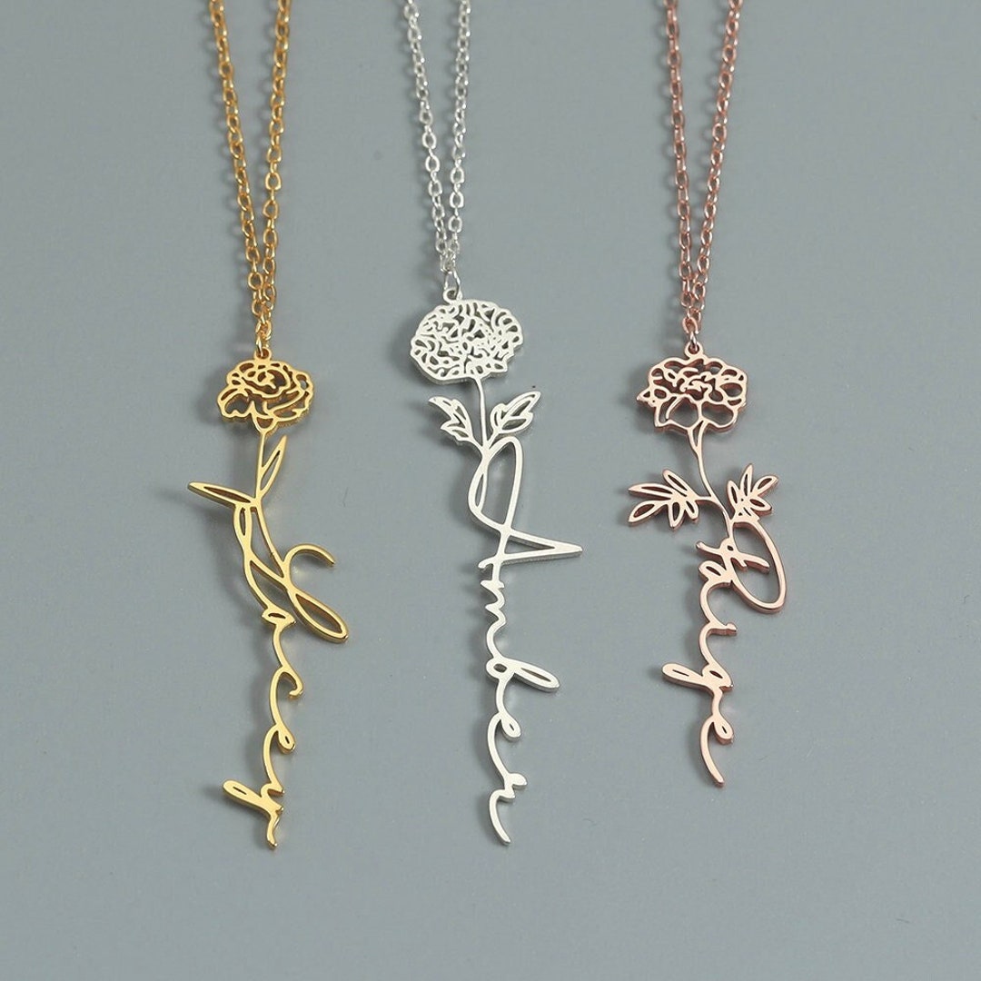 Personalized Birth Flower Name Necklacecustom Gold Name Etsy