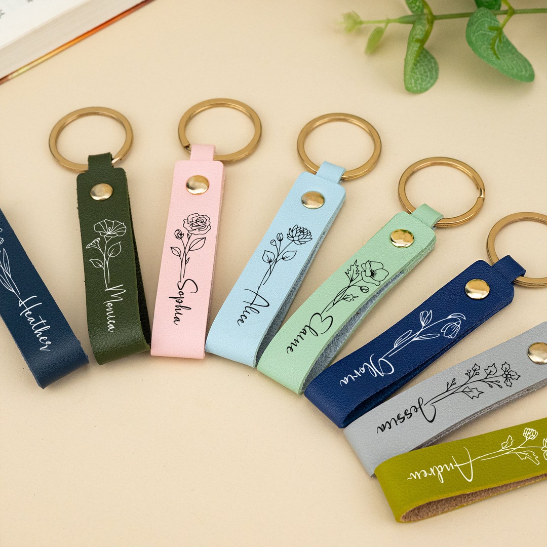 Personalized Birth Flower Keychain,custom Name Leather Keyring,birthday ...