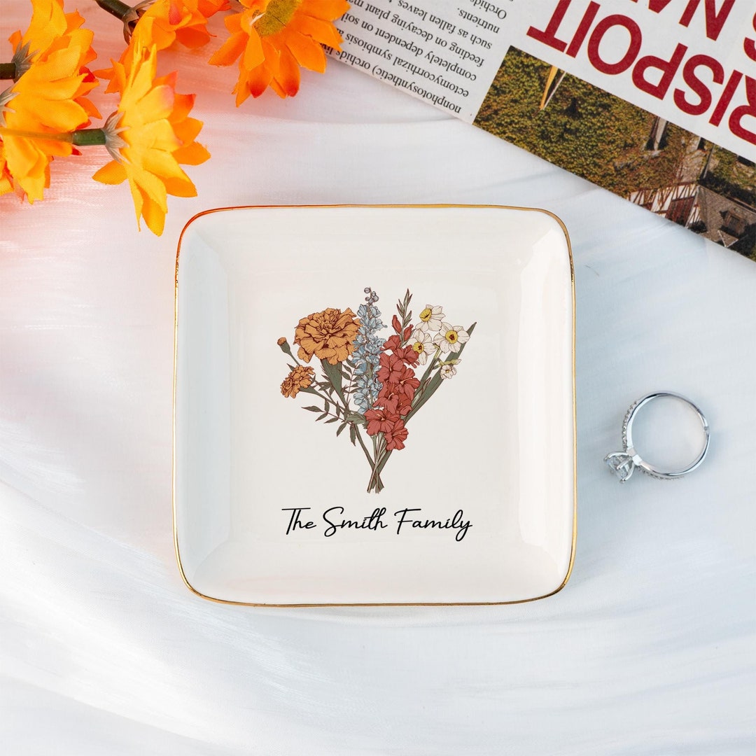 Custom Family Birth Flower Ceramic Trinket Dish: Personalized Floral ...