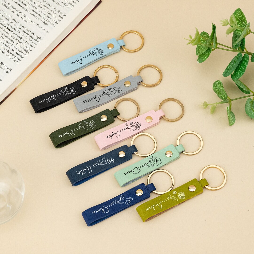 Personalized Birth Flower Leather Keychain,wedding Bridesmaid Gifts for ...