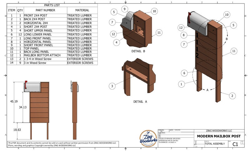 Modern Wooden Mailbox Post Plan Instructions- 2x4 Standard Lumber Mid ...