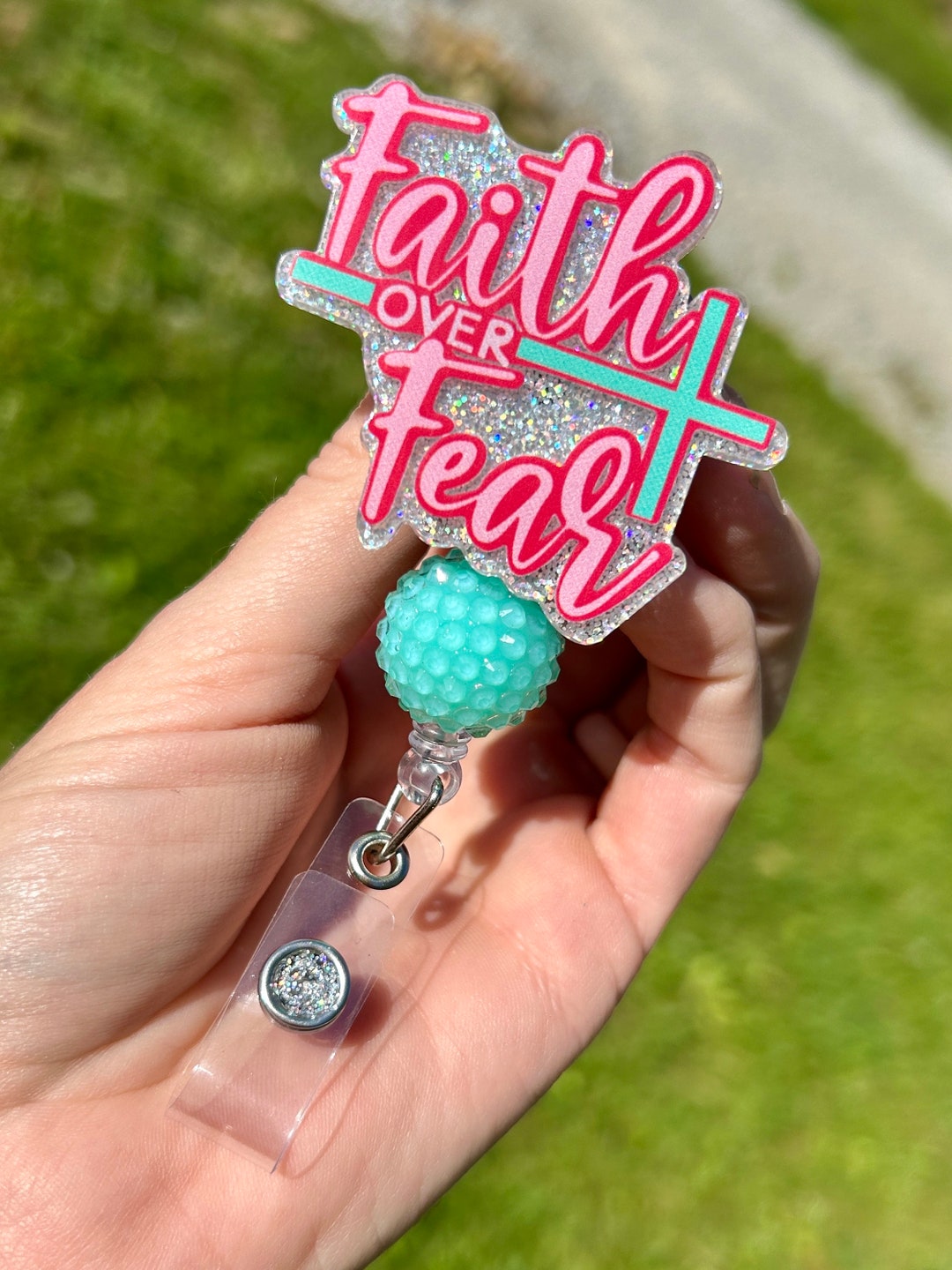Faith Over Fear/ Cross/ Glittery/ Religious /badge Reel/ Badge Holder ...