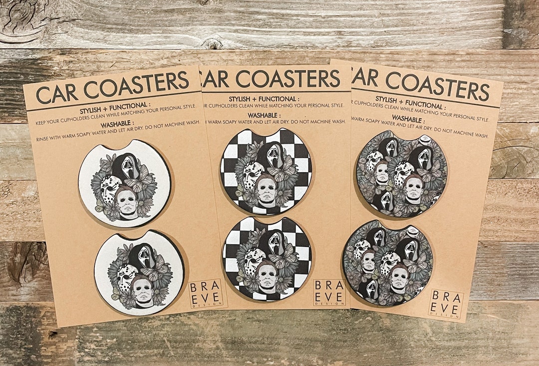 Horror Movie Floral Car Coaster, Checkered, Multiple Designs, Mix and ...