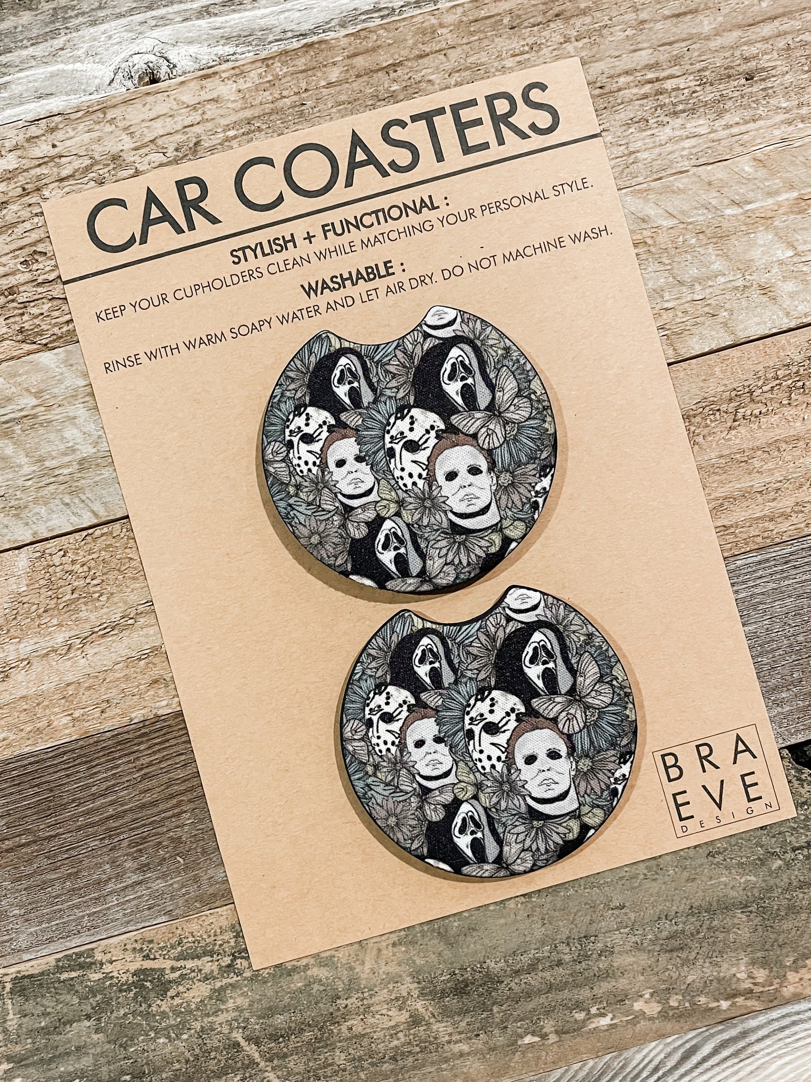 Horror Movie Floral Car Coaster, Checkered, Multiple Designs, Mix and ...