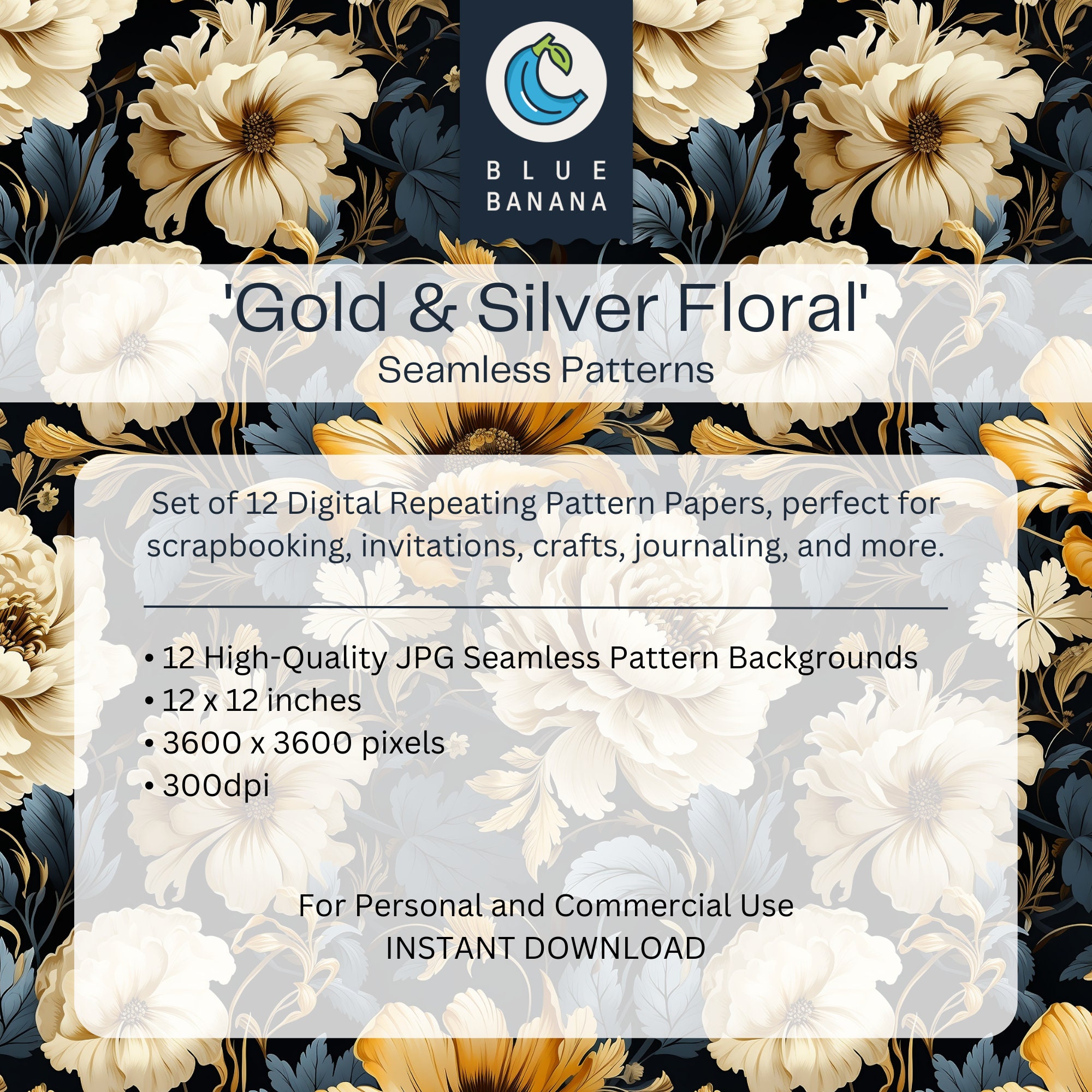 Gold and Silver Floral Seamless Patterns Instant Download - Etsy