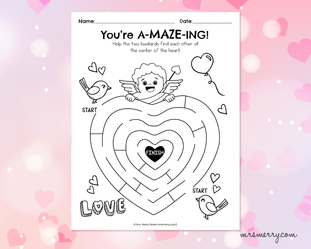 Valentine's Maze Printable, Valentine Kindergarten Worksheet, Valentine ...
