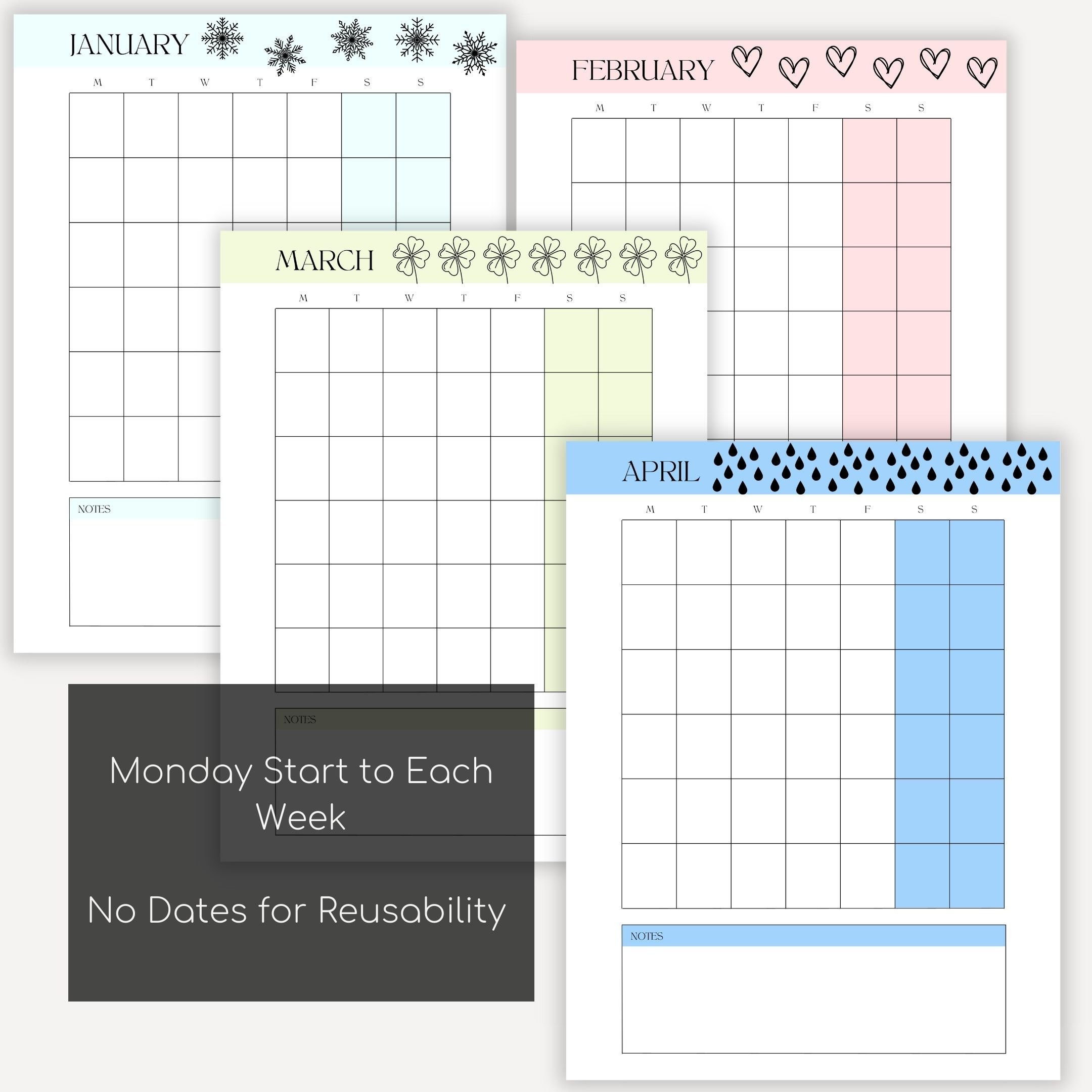 Undated Pastel Monthly Calendar Printable | Undated Monday Start ...
