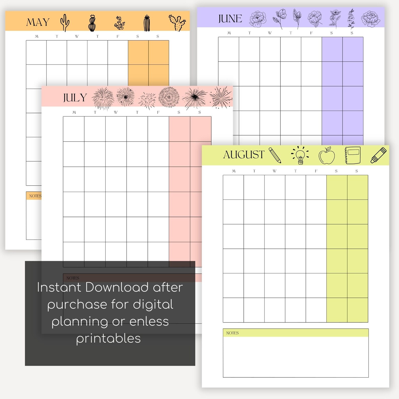 Undated Pastel Monthly Calendar Printable | Undated Monday Start ...