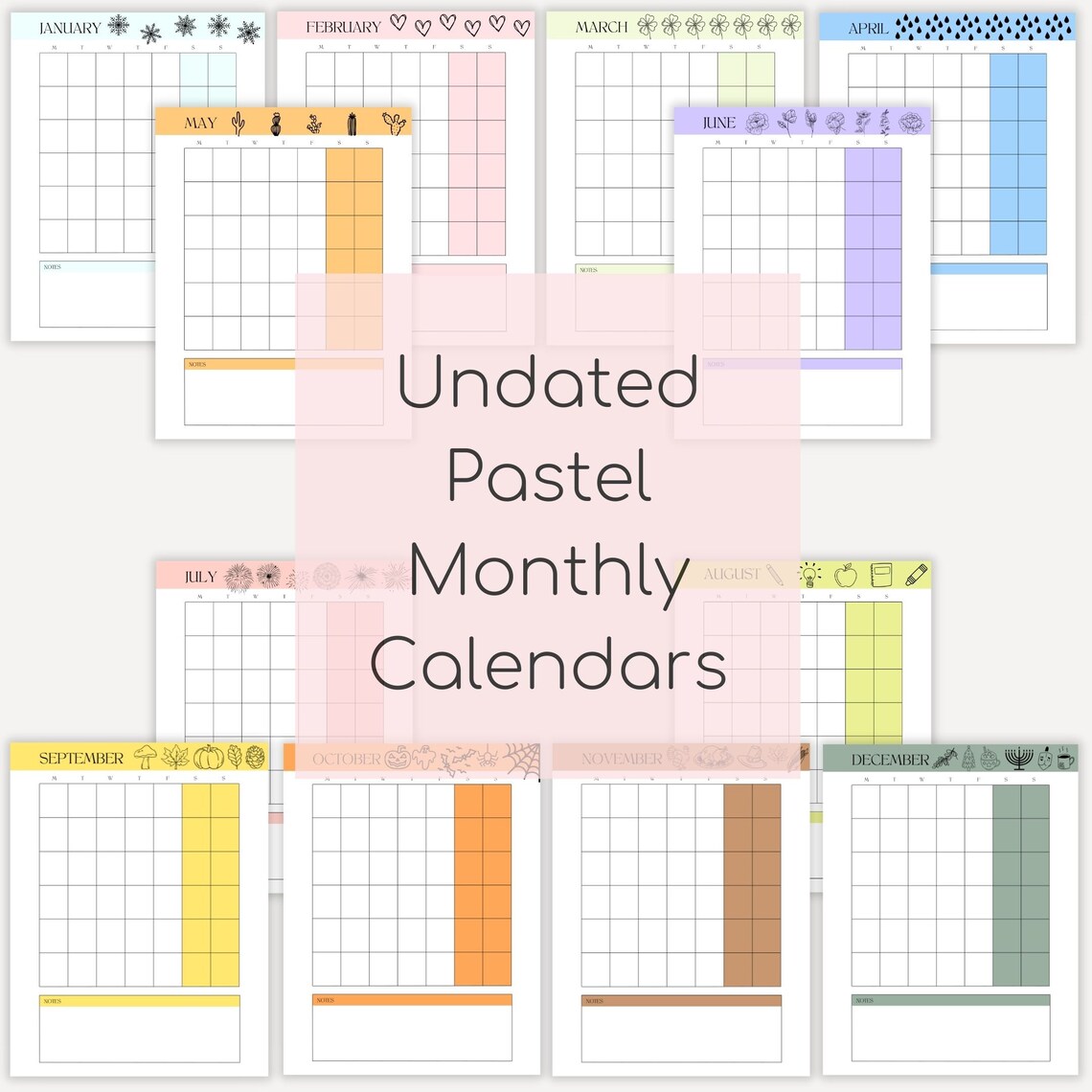 Undated Pastel Monthly Calendar Printable | Undated Monday Start ...