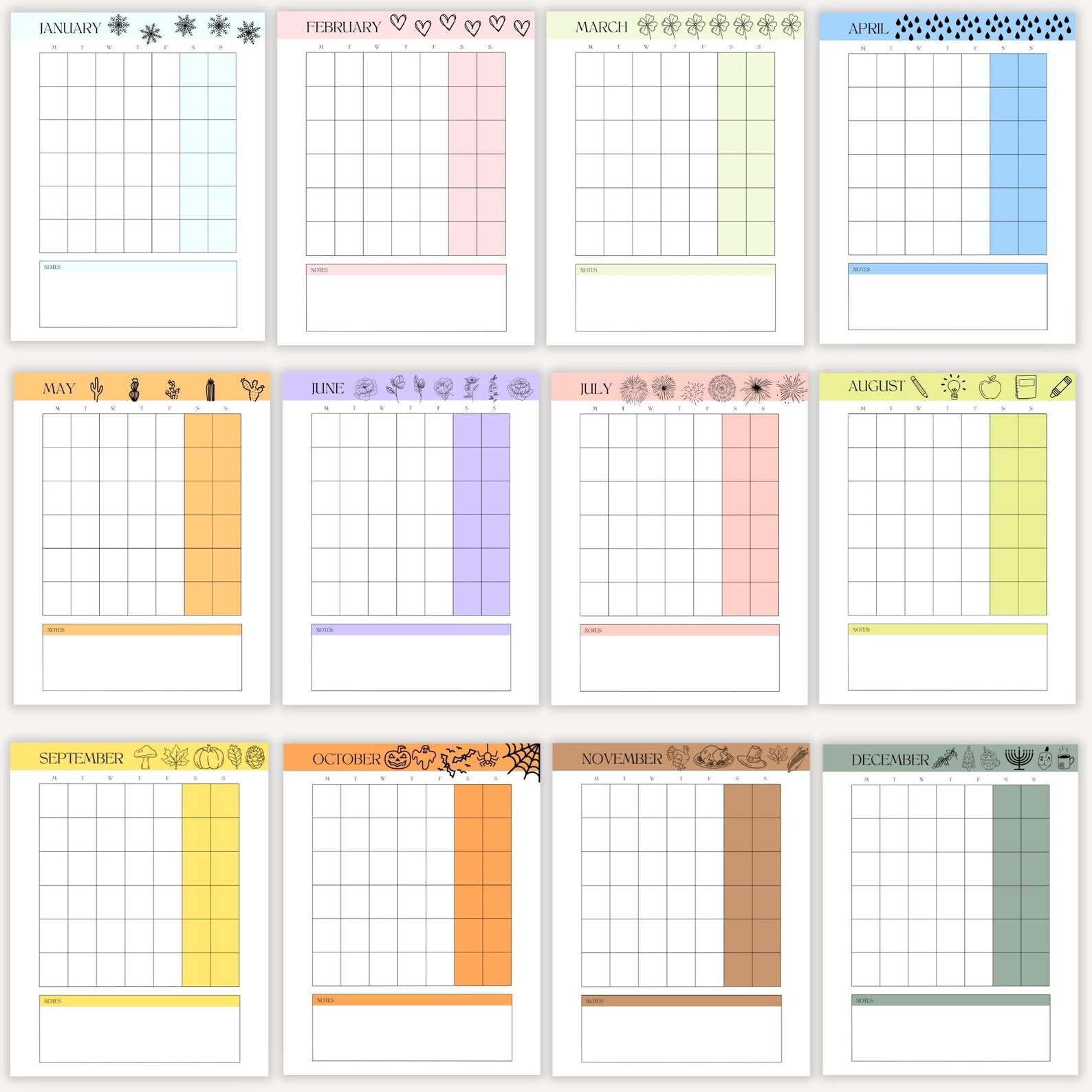 Undated Pastel Monthly Calendar Printable | Undated Monday Start ...