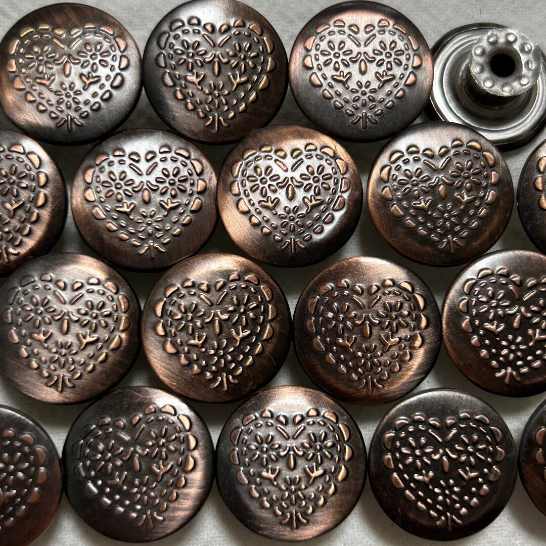 17mm Metal Jean Buttons (10 Sets), No Sew, Coppertone Heart Shaped Jean ...