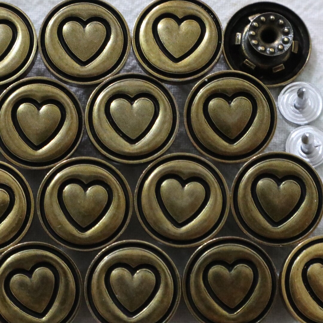 10 Sets 17mm Metal Jean Buttons, No Sew, Heart Shaped, Bronze Hearts ...