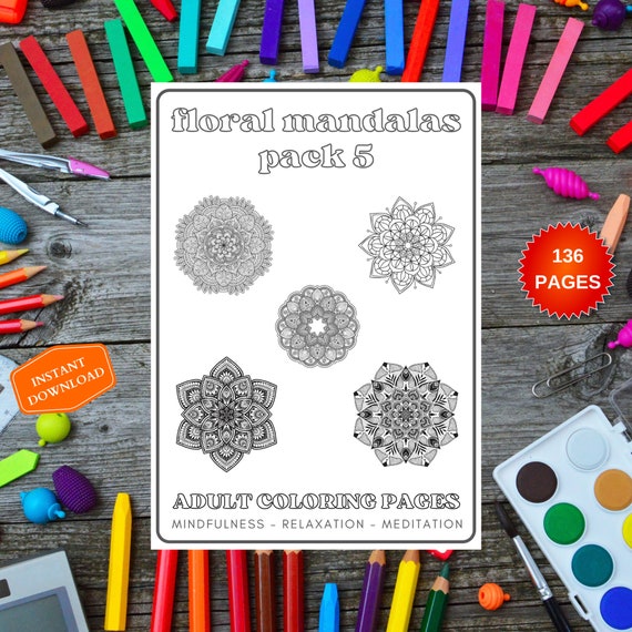 136 Pages Floral Mandalas Pack 5 Adult Coloring Book for Relaxation ...