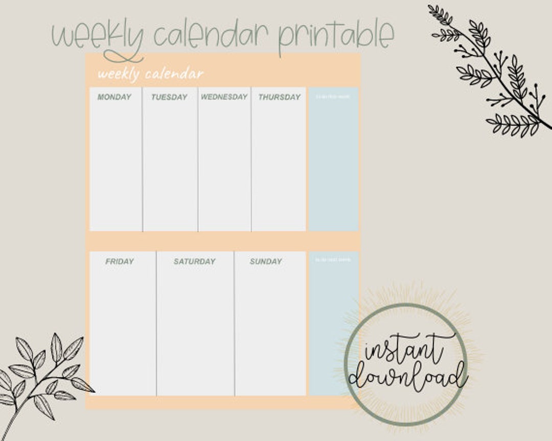 Weekly Calendar Digital Printable, Weekly Calendar Digital Download ...