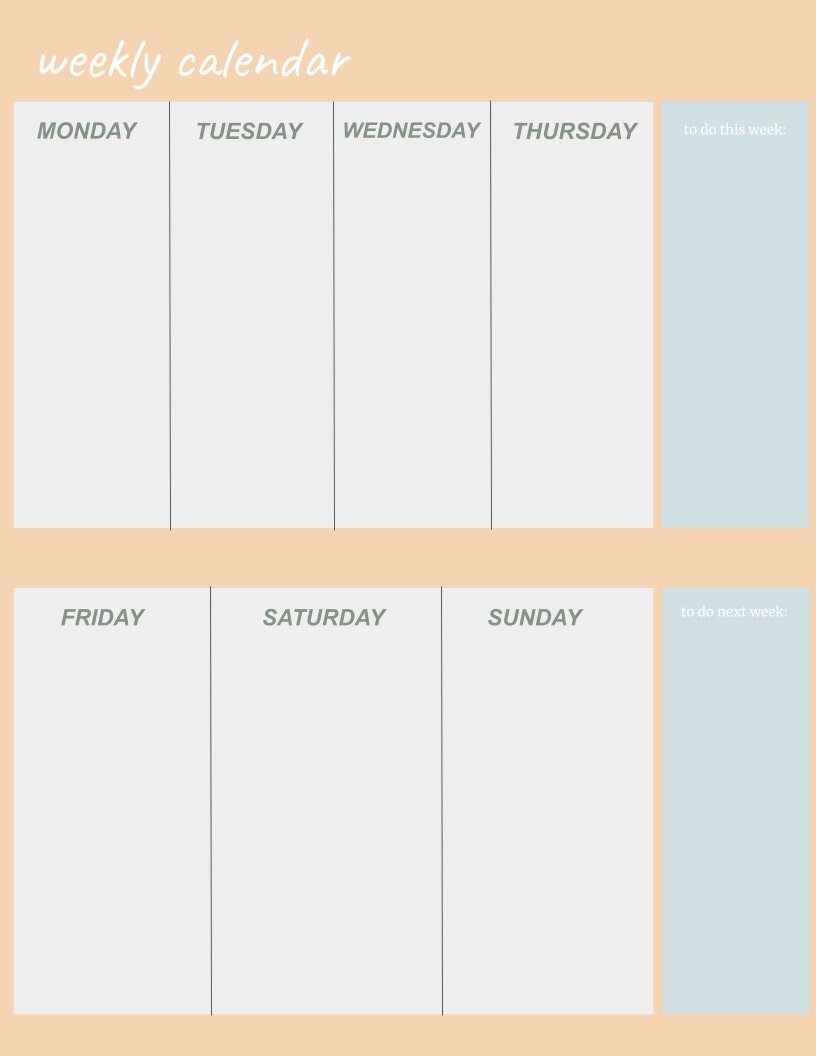Weekly Calendar Digital Printable, Weekly Calendar Digital Download ...