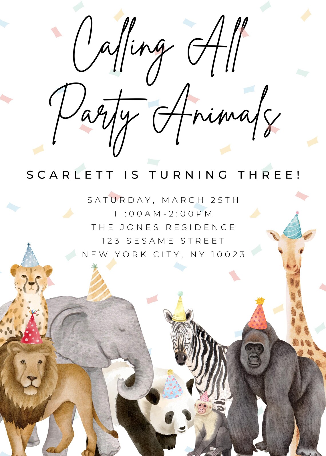 Watercolor Jungle Animals Birthday Invitation, Party Animals Theme ...