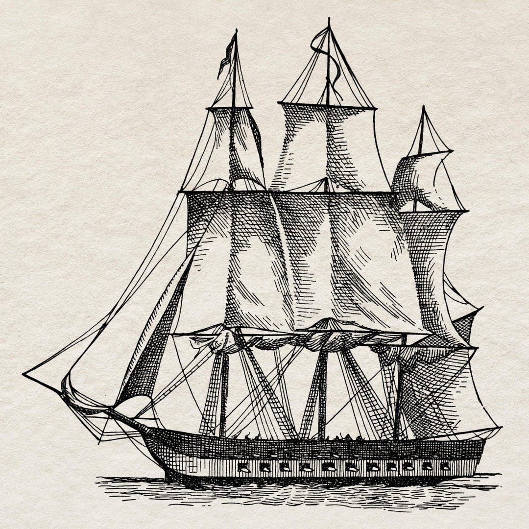 Vintage Frigate Ship Clipart: Antique Warship Drawing (PNG File, 8x10in ...