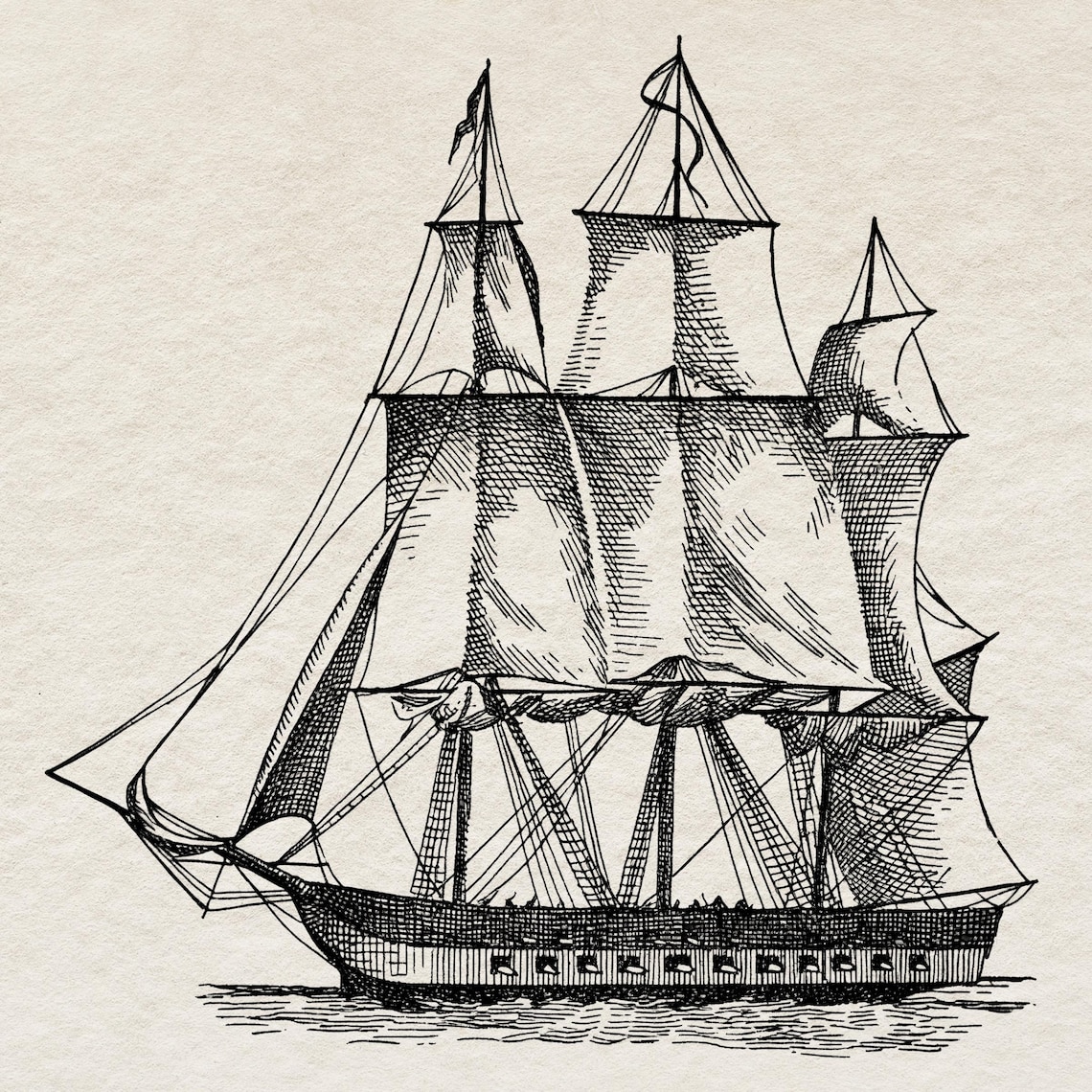 Vintage Frigate Ship Clipart: Antique Warship Drawing (PNG File, 8x10in ...