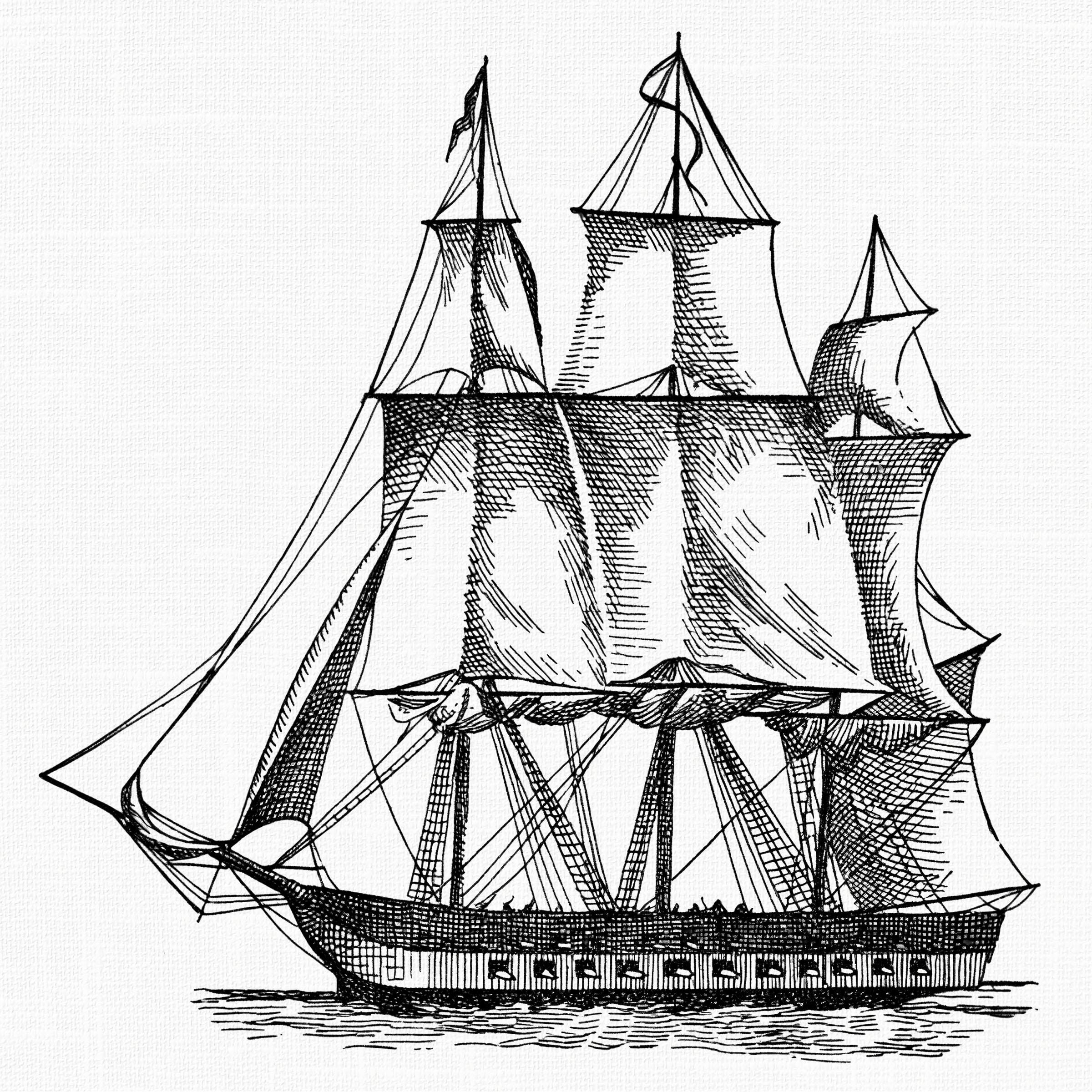 Vintage Frigate Ship Clipart: Antique Warship Drawing (PNG File, 8x10in ...