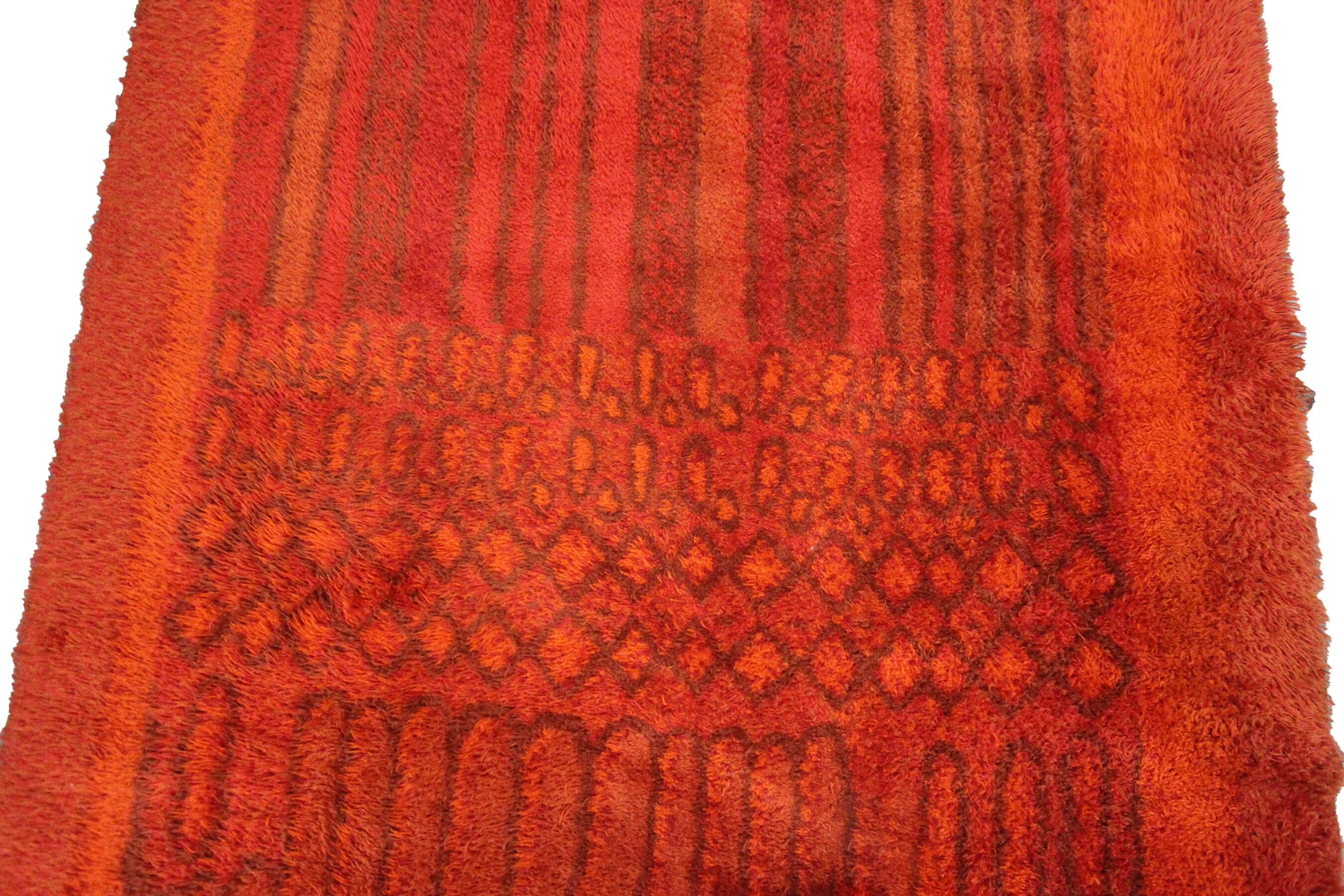 Vintage High Pile Scandinavian Rya Rug Geometric Handmade Large 6x10 ...