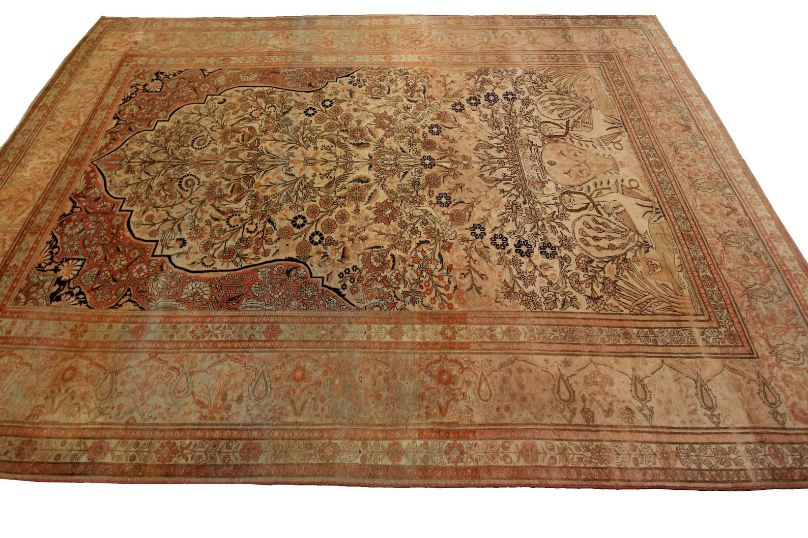Fine Rare Antique Traditional Rug Handmade Vase Lions Birds 7x10 Beige ...