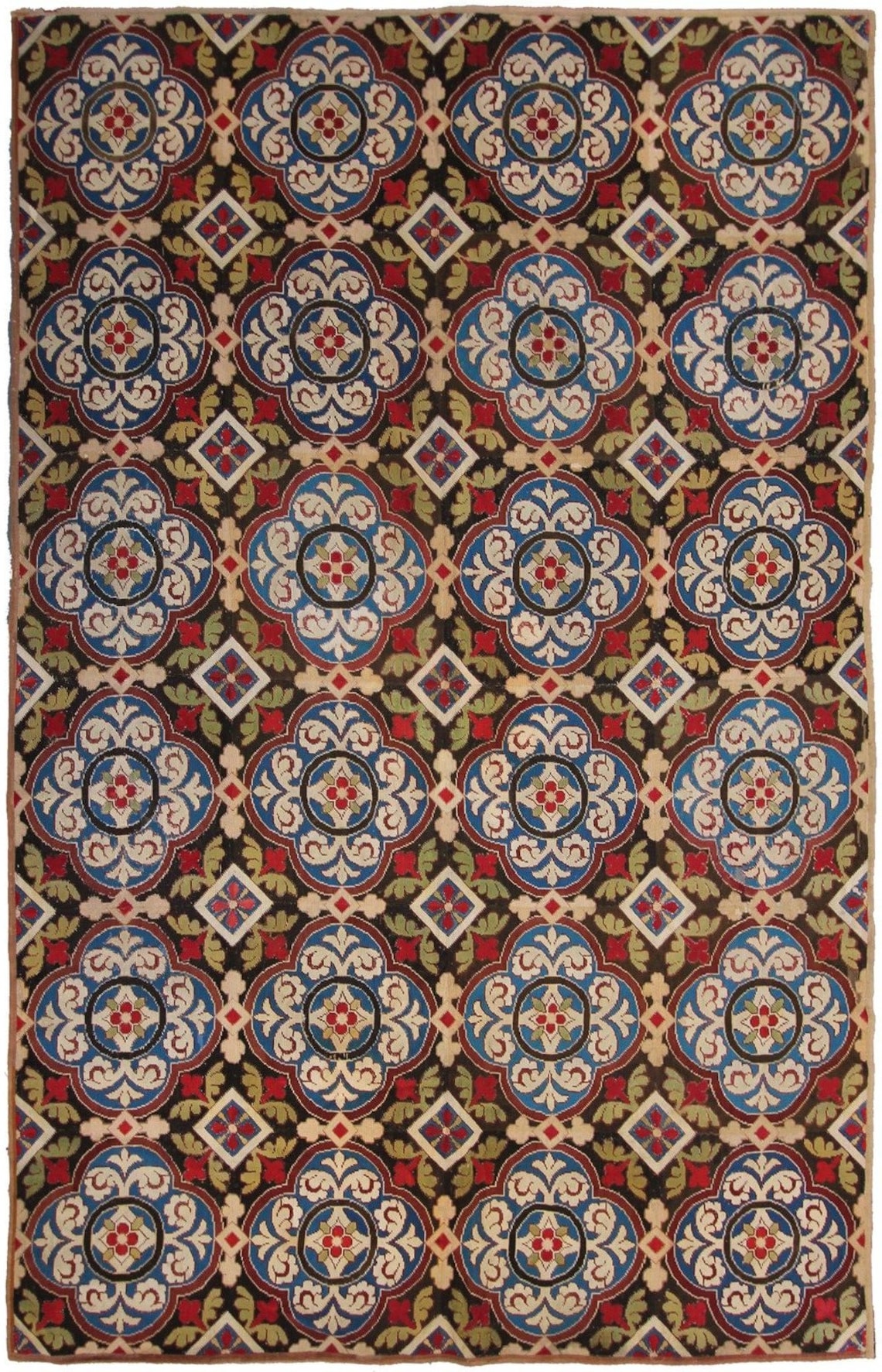 Antique Needlepoint Overall Geometric Rug Tapestry Handmade 7x10 Blue ...