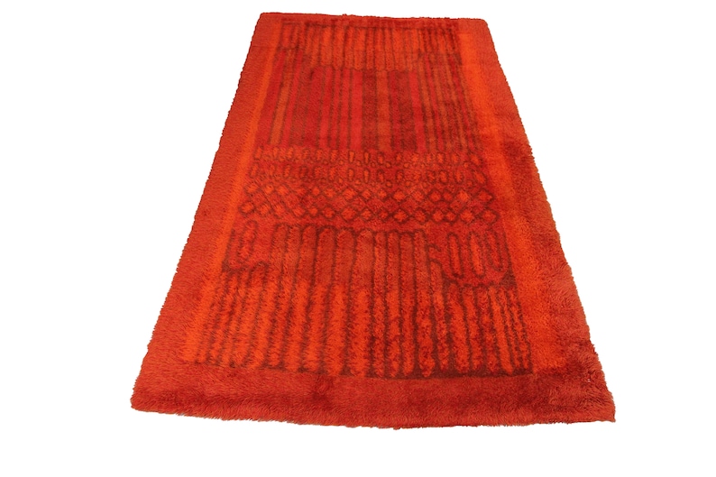 Vintage High Pile Scandinavian Rya Rug Geometric Handmade Large 6x10 ...