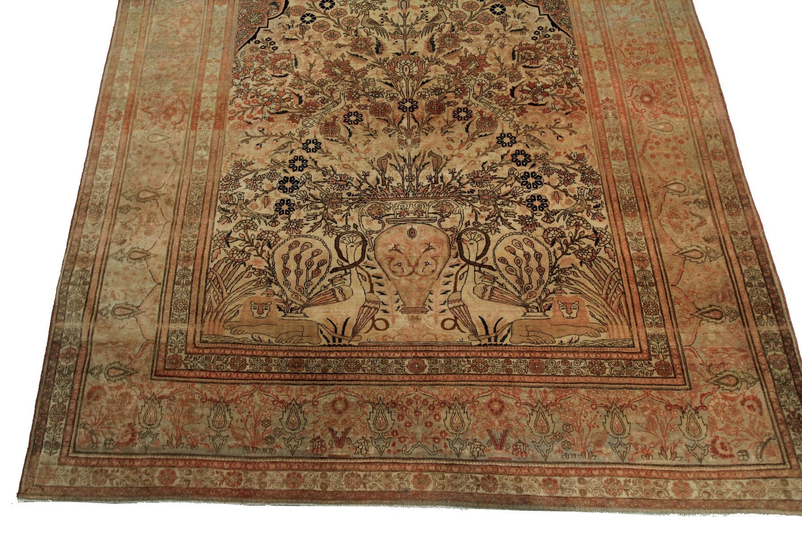 Fine Rare Antique Traditional Rug Handmade Vase Lions Birds 7x10 Beige ...