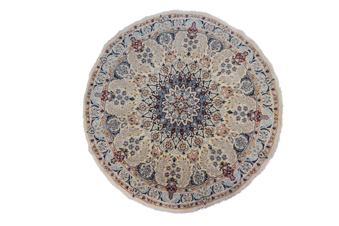 Rare 5' Round Rug Beautiful Wool & Silk Authentic Handmade Beige Rug ...