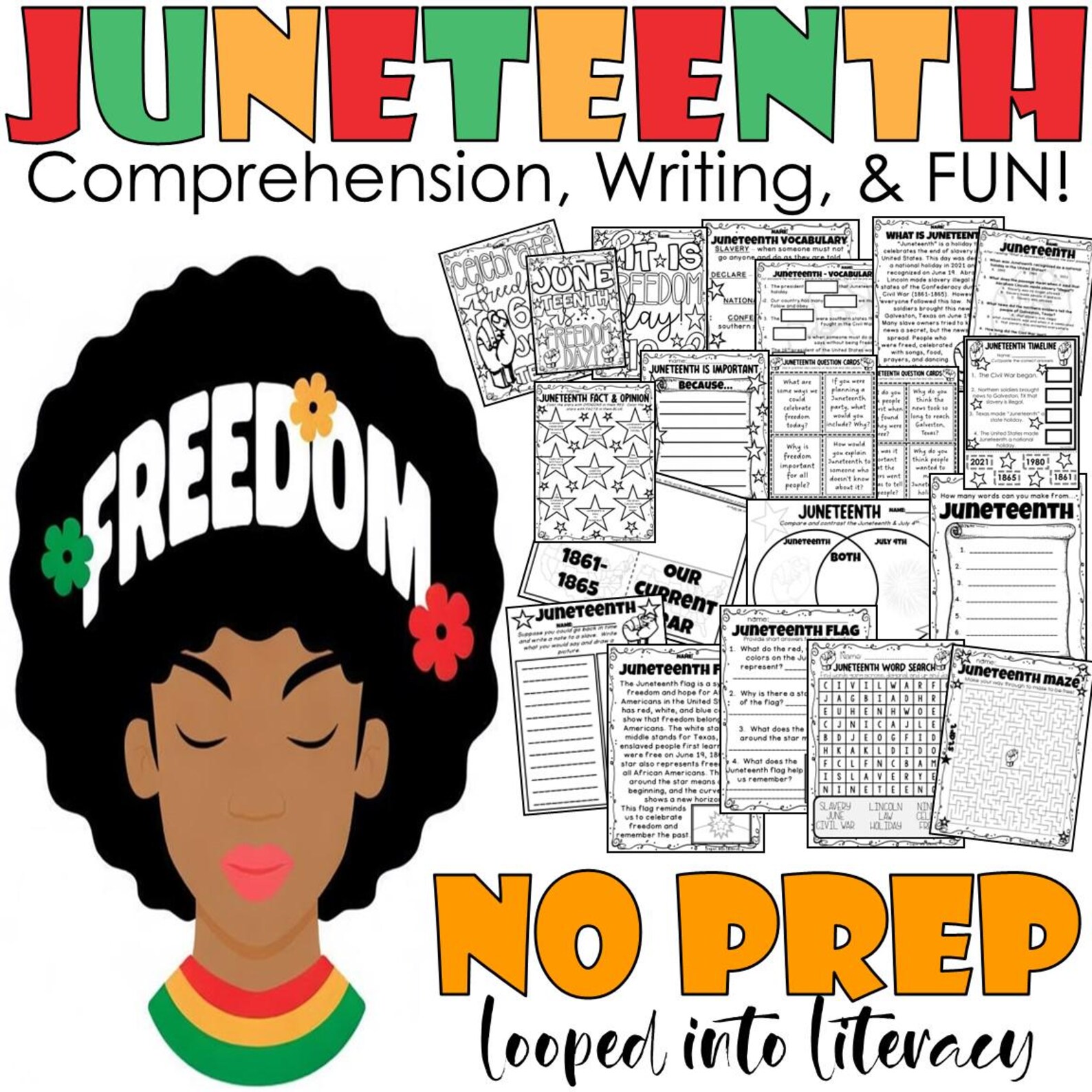 JUNETEENTH No Prep Coloring Reading Pack Activities Literacy Writing ...