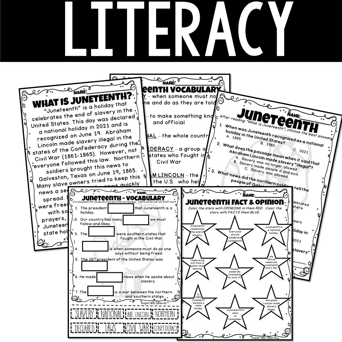 JUNETEENTH No Prep Coloring Reading Pack Activities Literacy Writing ...