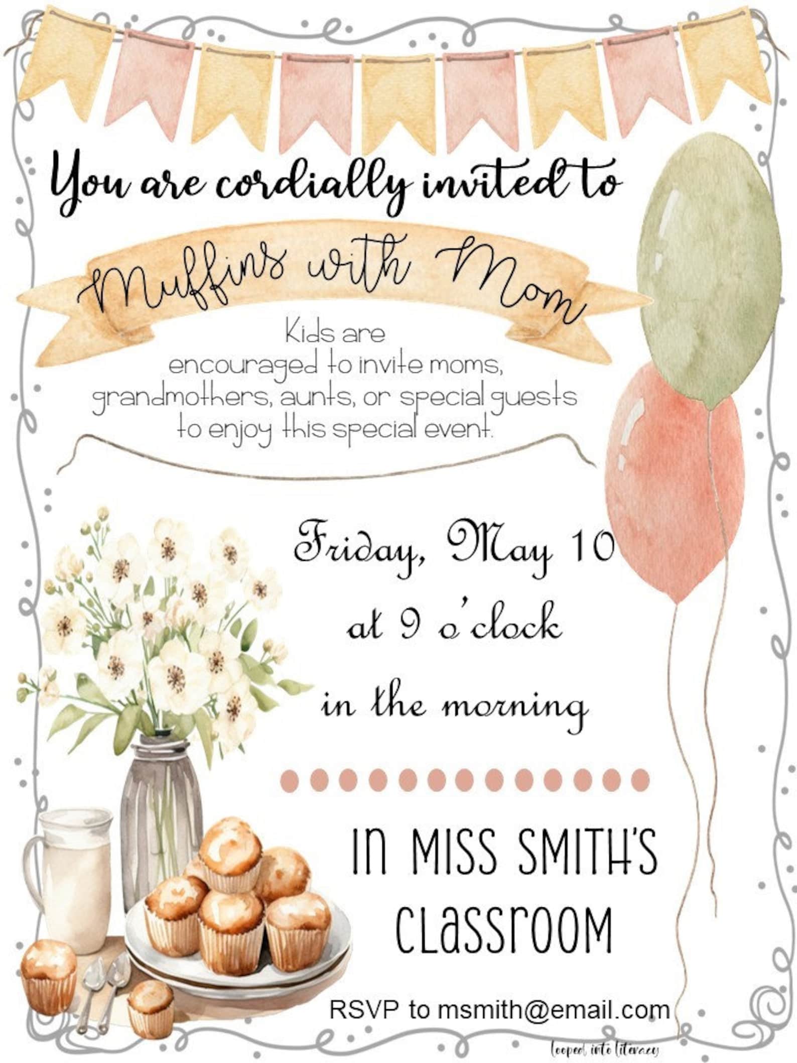 Muffins With MOM Invitations Envelopes Digital Mother's Day Party ...