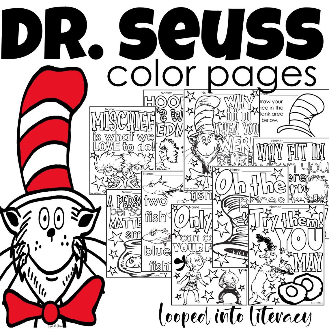 Dr. Seuss Read Across America Week Cat in the Hat Color Pages - Etsy