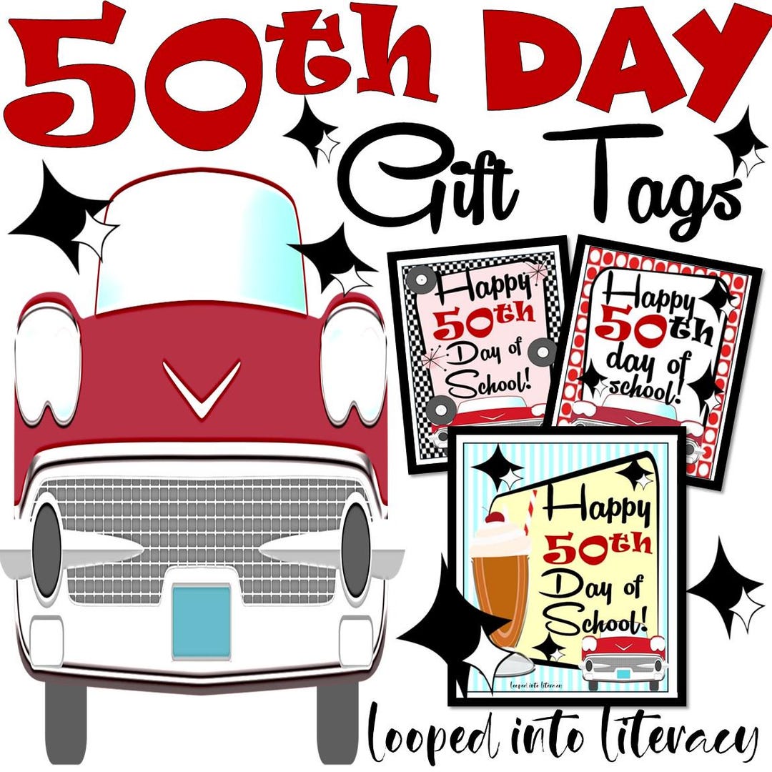 50th Day of School No Prep Gift Tags Party Celebration 1950s Sock Hop ...