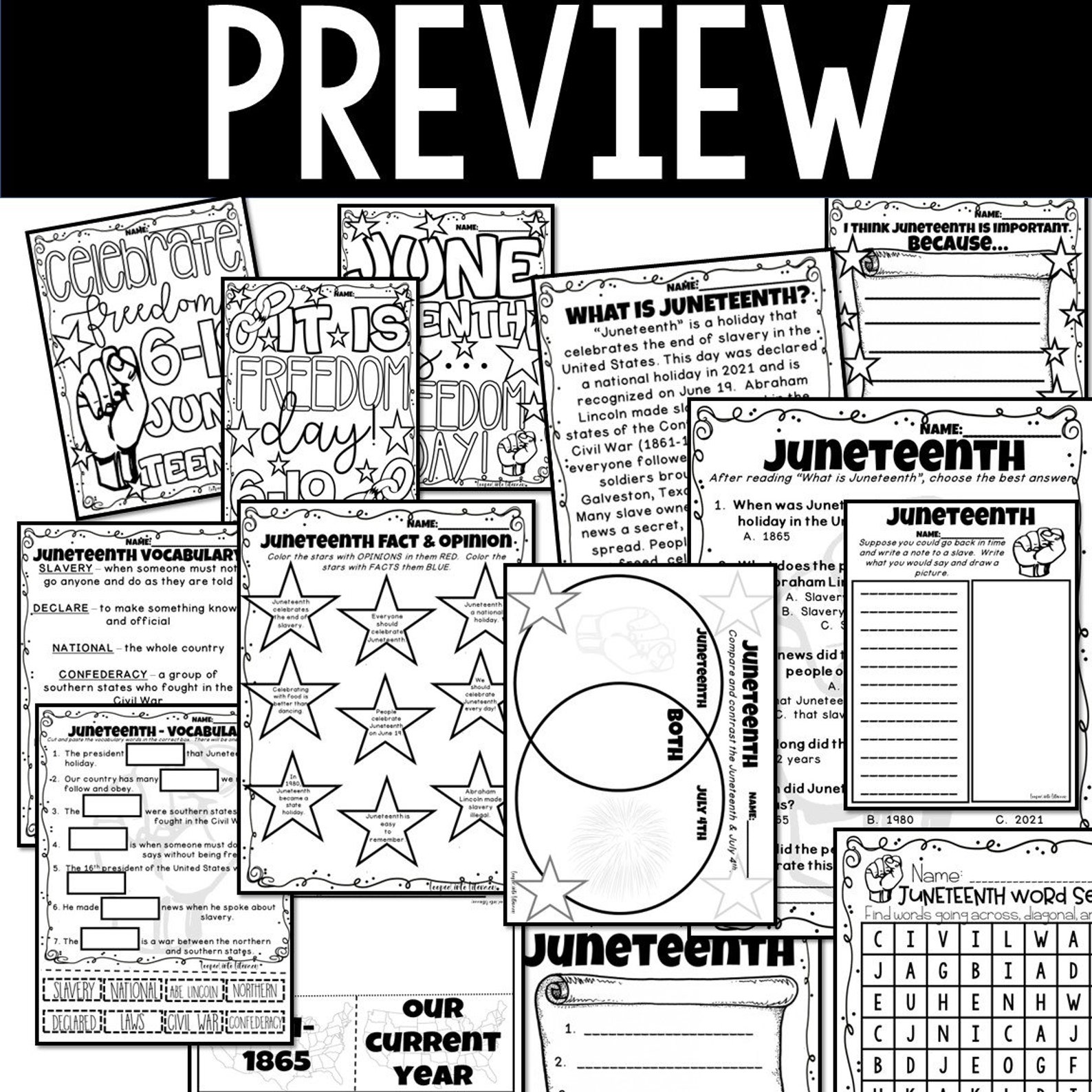 JUNETEENTH No Prep Coloring Reading Pack Activities Literacy Writing ...