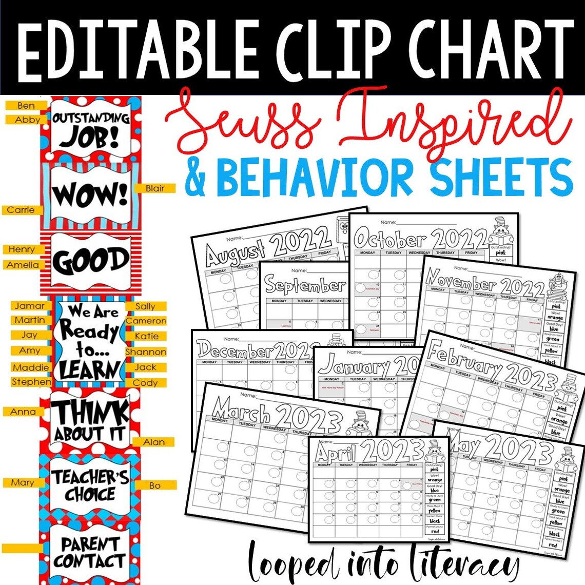 Dr. Seuss Inspired Clip Chart and Monthly Behavior Charts With Editable ...