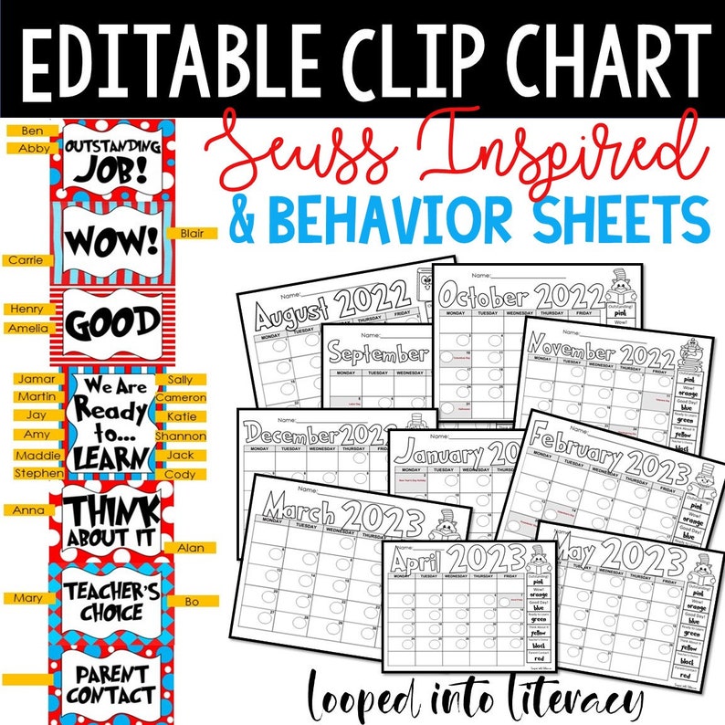 Dr. Seuss Inspired Clip Chart and Monthly Behavior Charts With Editable ...