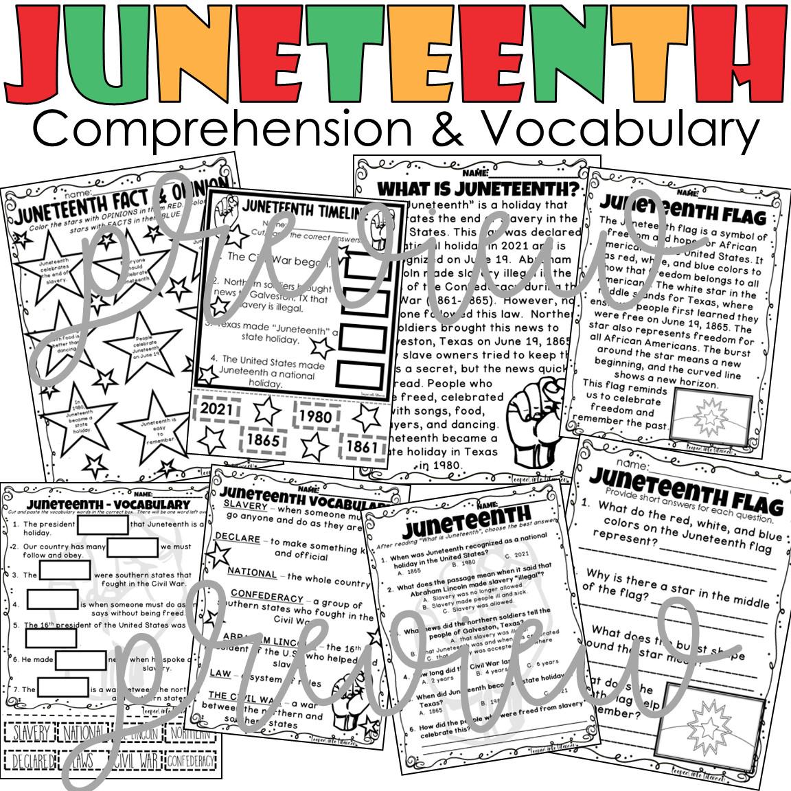 JUNETEENTH No Prep Coloring Reading Pack Activities Literacy Writing ...